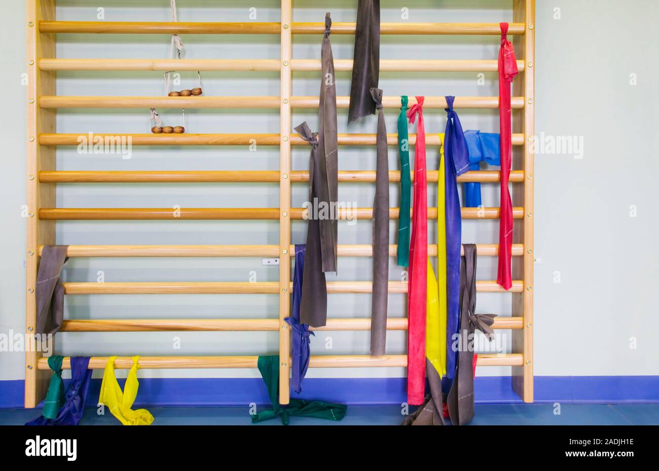 Physiotherapy equipment. Resistance bands tied to bars. These rubber ...