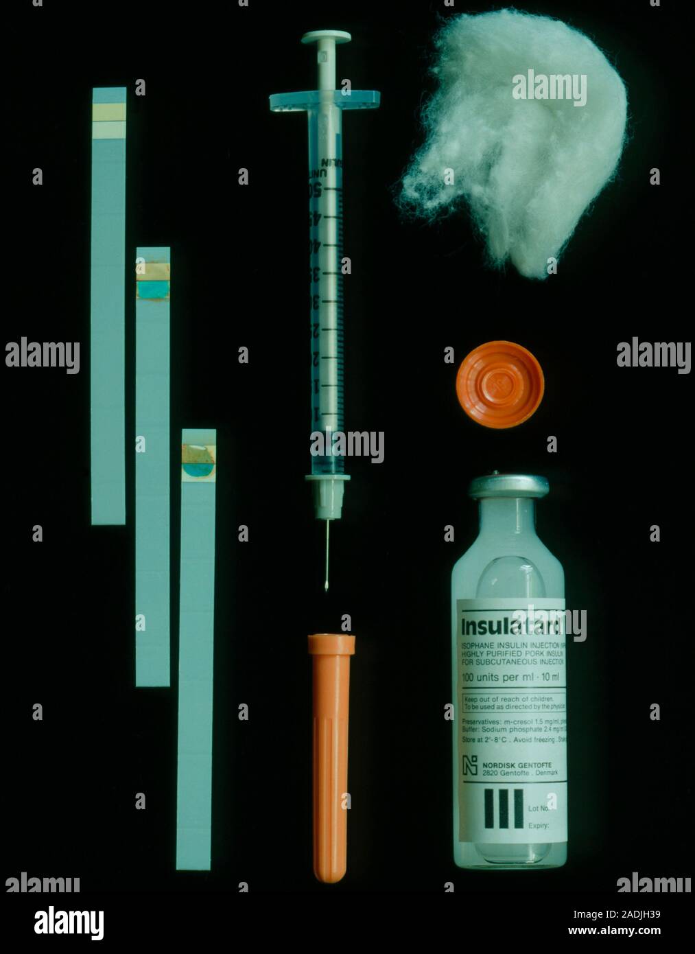 Array of equipment used by a diabetic for taking insulin: test strips ...