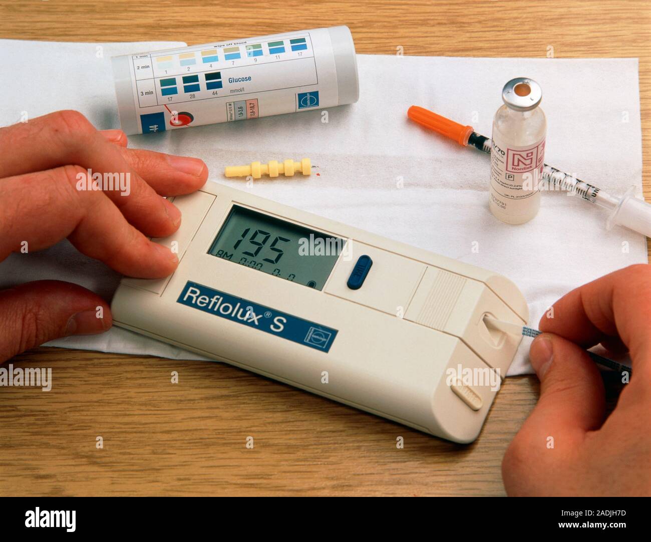 Blood glucose test in diabetes. Equipment used in the monitoring of ...