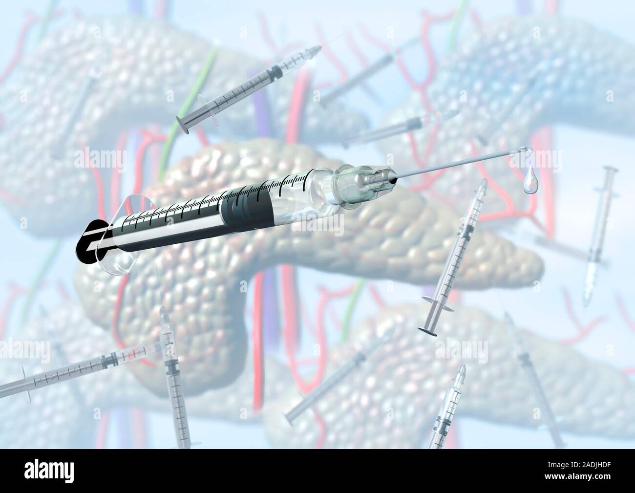 Insulin injection. Computer artwork of a syringe, with other syringes ...