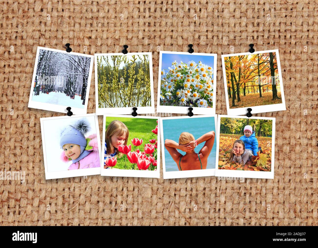 Photograph of seasons with people on fabric background. Human photo in ...