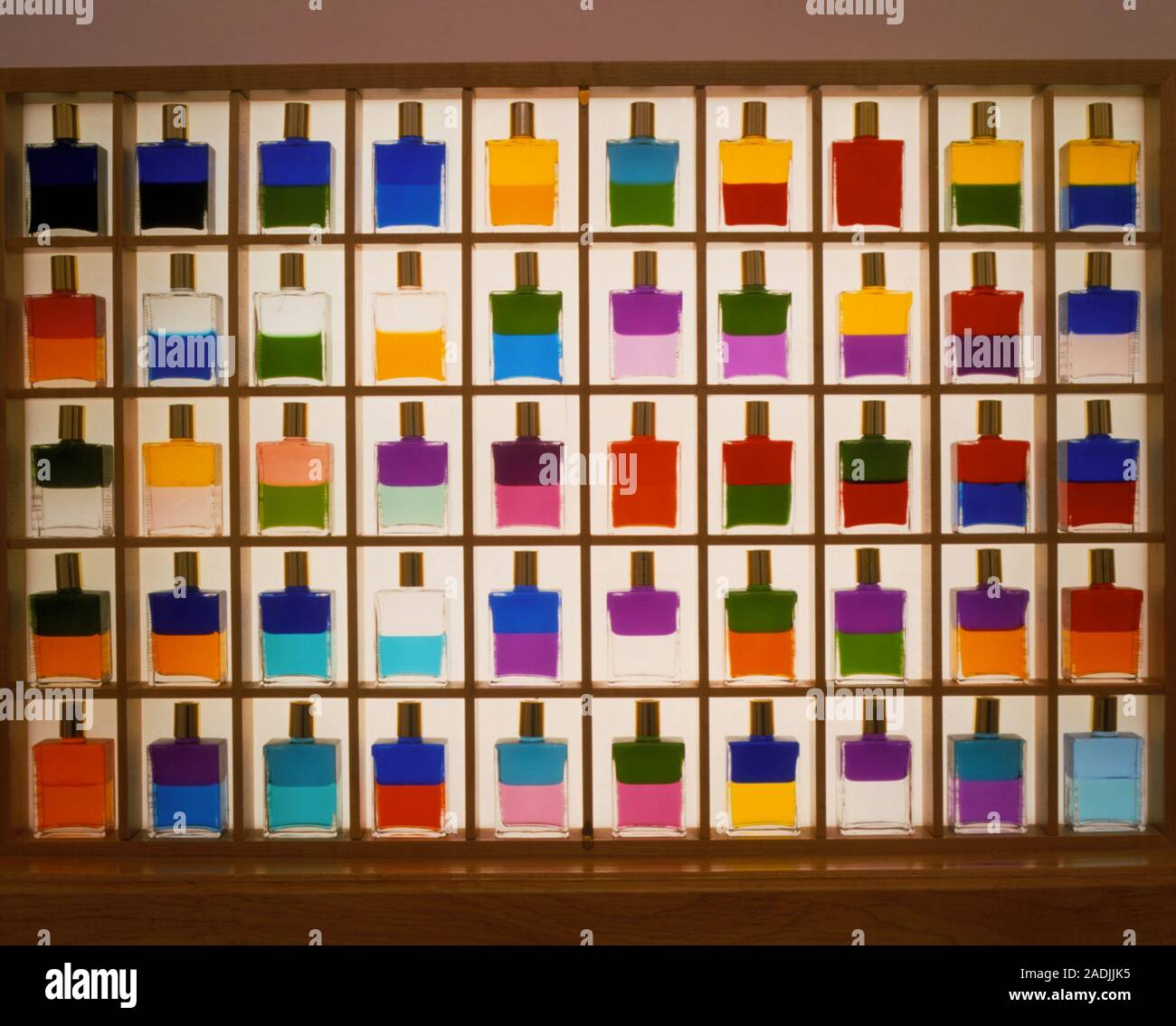 Colour therapy. View of an assortment of bottles used in Aura Soma ...