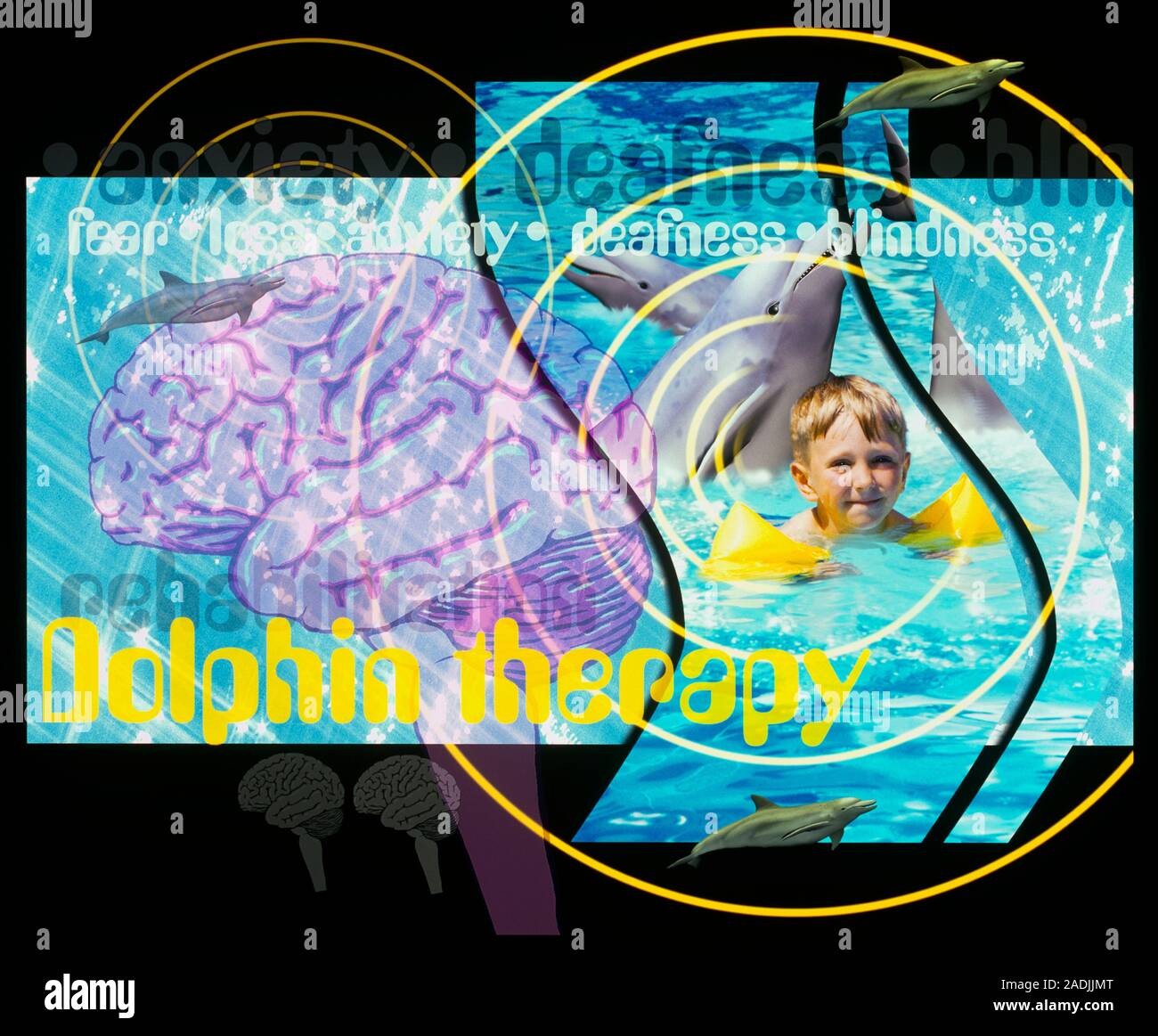 Dolphin therapy. Computer composite illustration of the benefits of ...