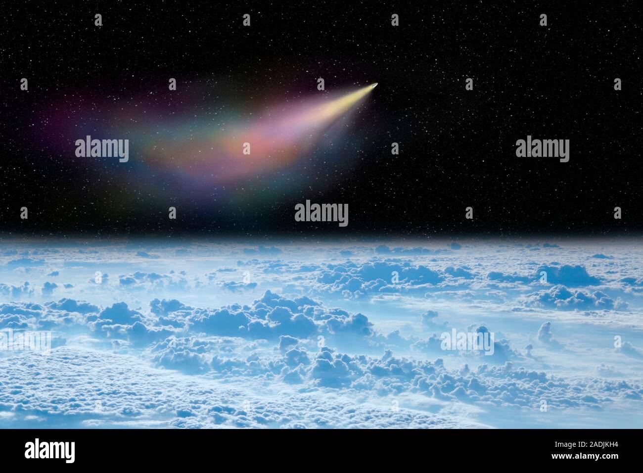 Comet flying in space over white clouds. Comet flying in space over ... Comet flying in space over white clouds. Comet flying in space over ...
