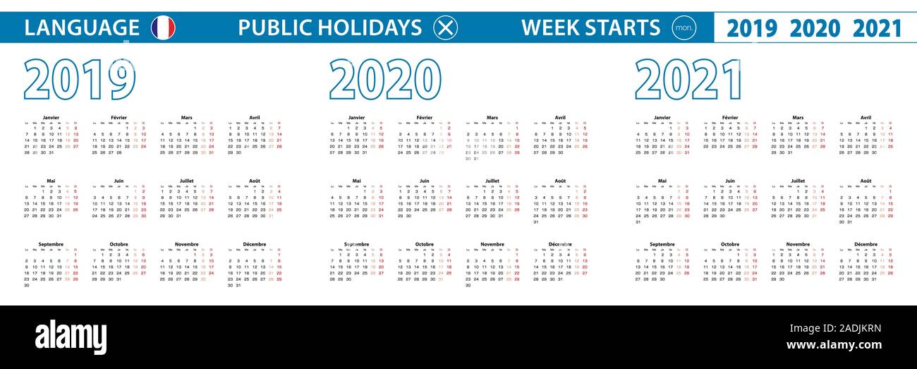 Simple calendar template in French for 2019, 2020, 2021 years. Week ...