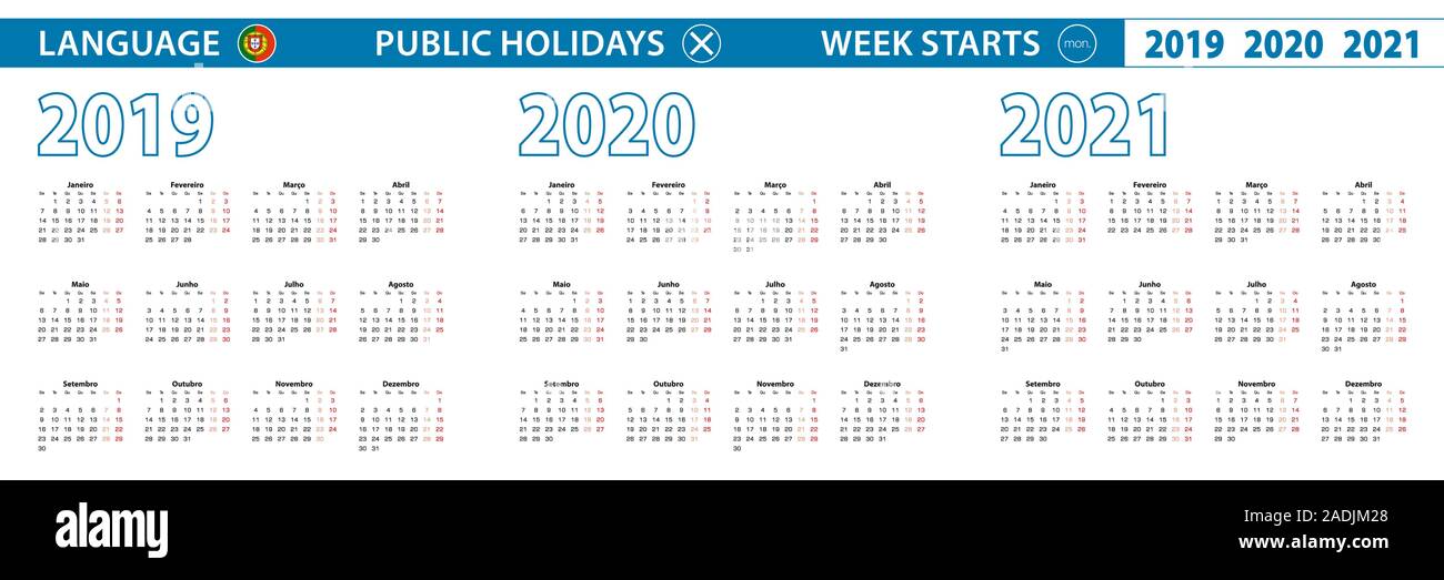 Simple calendar template in Portuguese for 2019, 2020, 2021 years. Week ...