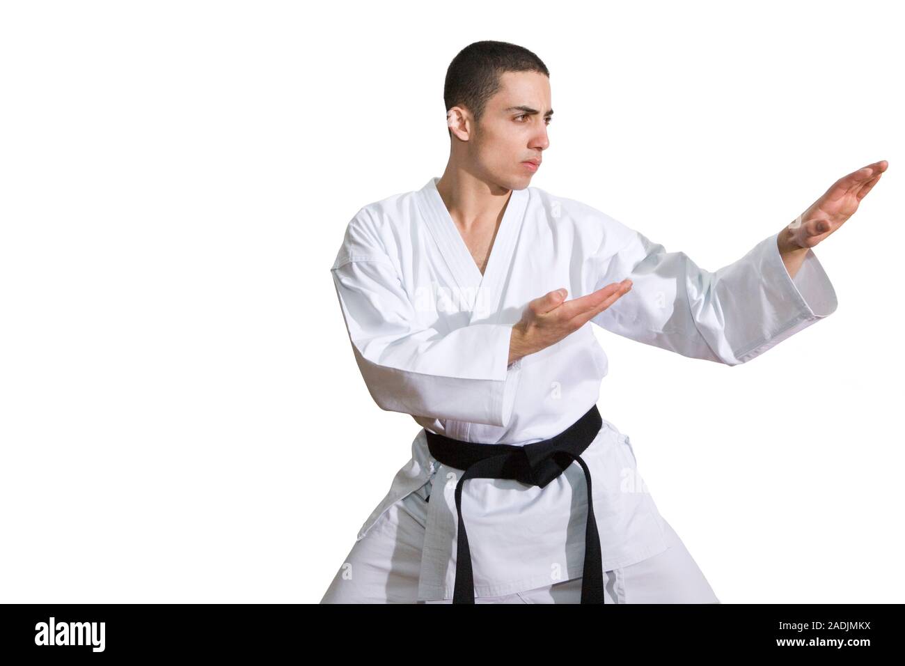 MODEL RELEASED. Karate. Karate practitioner standing in a fighting ...