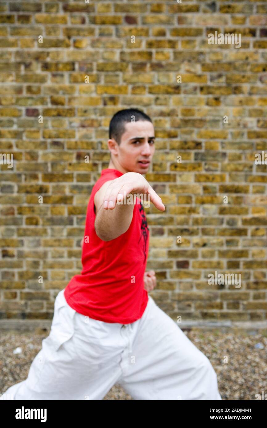 MODEL RELEASED. Karate kata. Karate practitioner holding a stance ...