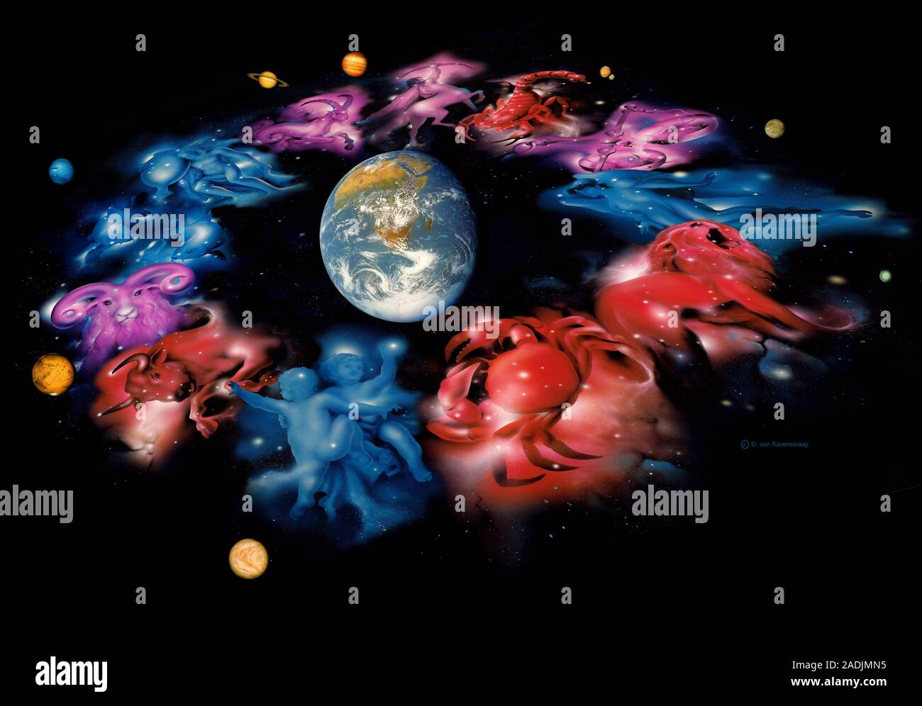 Zodiac signs. Artwork of the signs of the zodiac and the planets of the ...