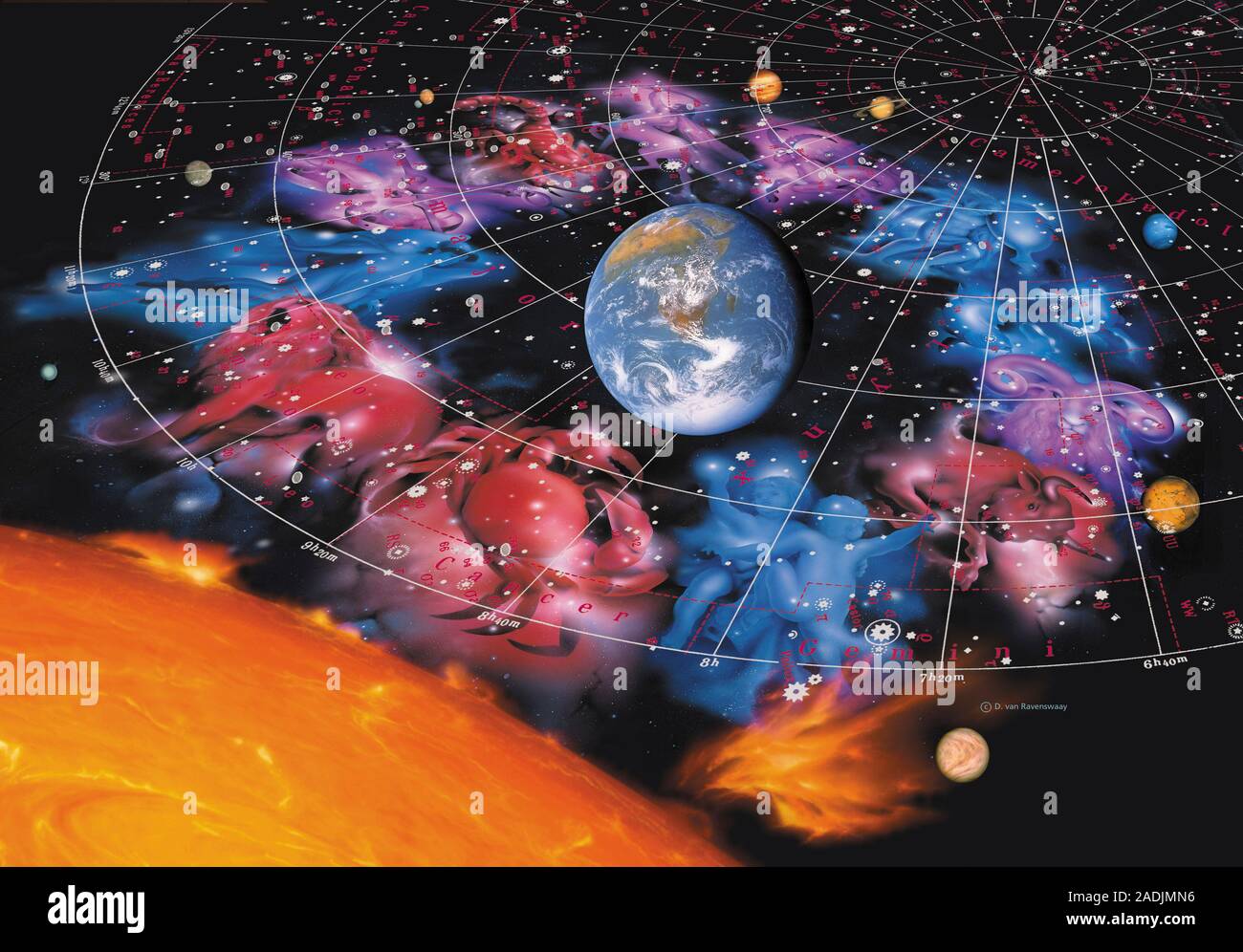 Zodiac signs. Artwork of the Earth ringed by the signs of the zodiac ...