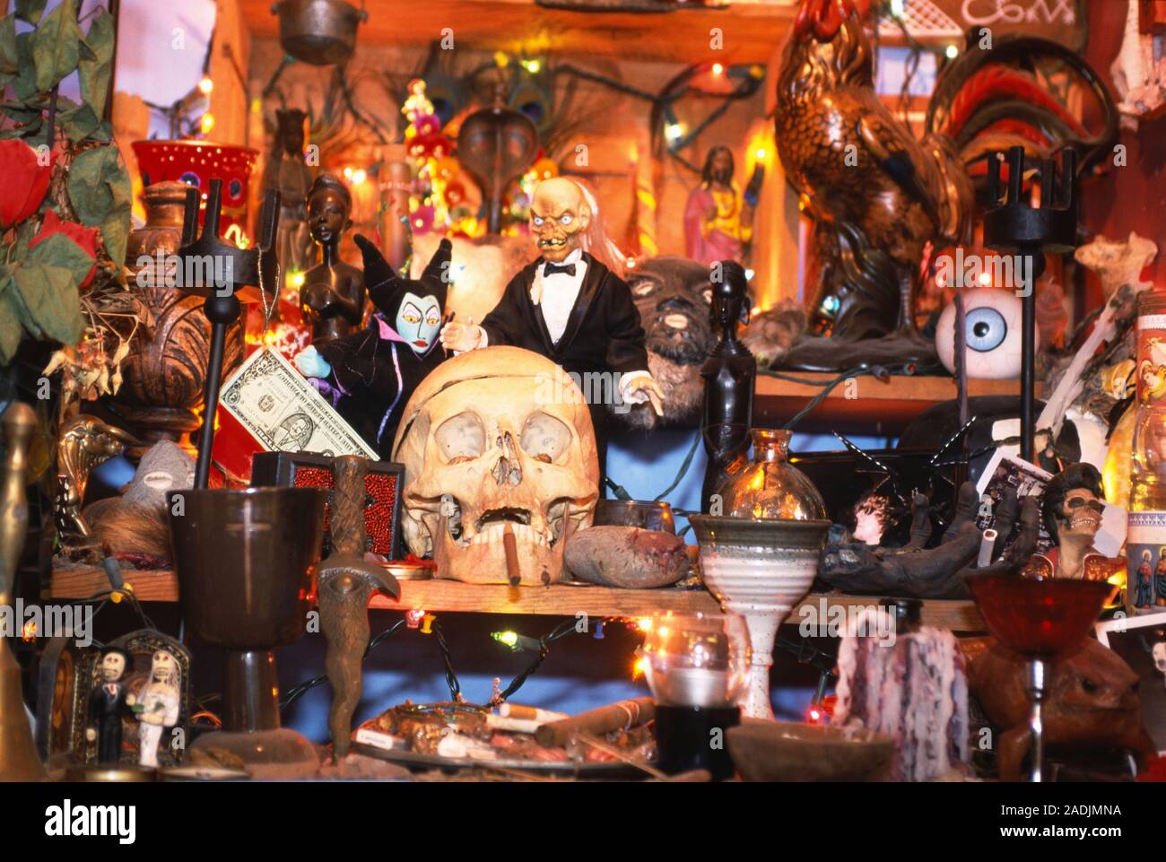 Voodoo objects. Assorted voodoo items displayed in a shop. The term ...