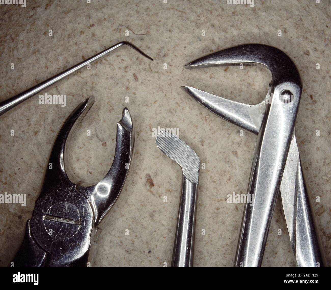 Dental equipment. Two pliers, for removing teeth, and two types of ...