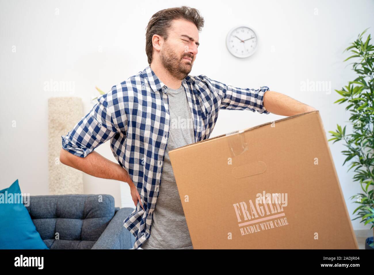 Pain in back. Young man suffering while lifting a cardboard box Stock ...