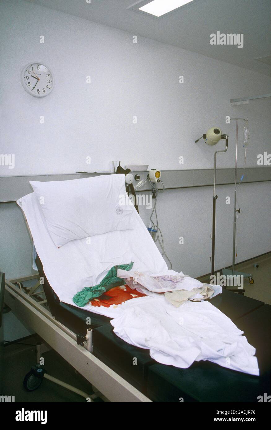 Soiled birthing couch in the the delivery room at a maternity unit in a ...