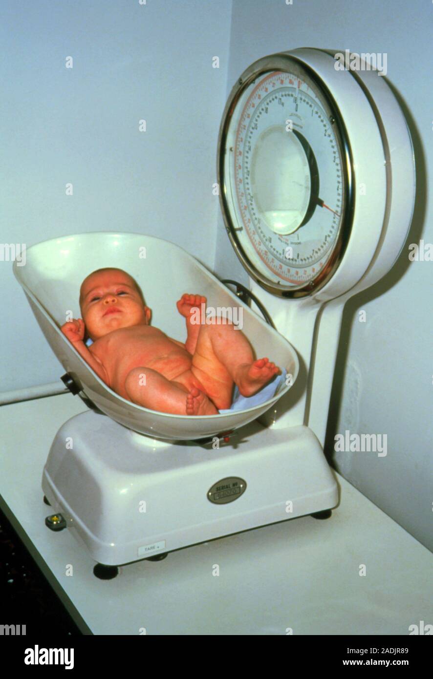 Three month old baby being weighed Stock Photo - Alamy