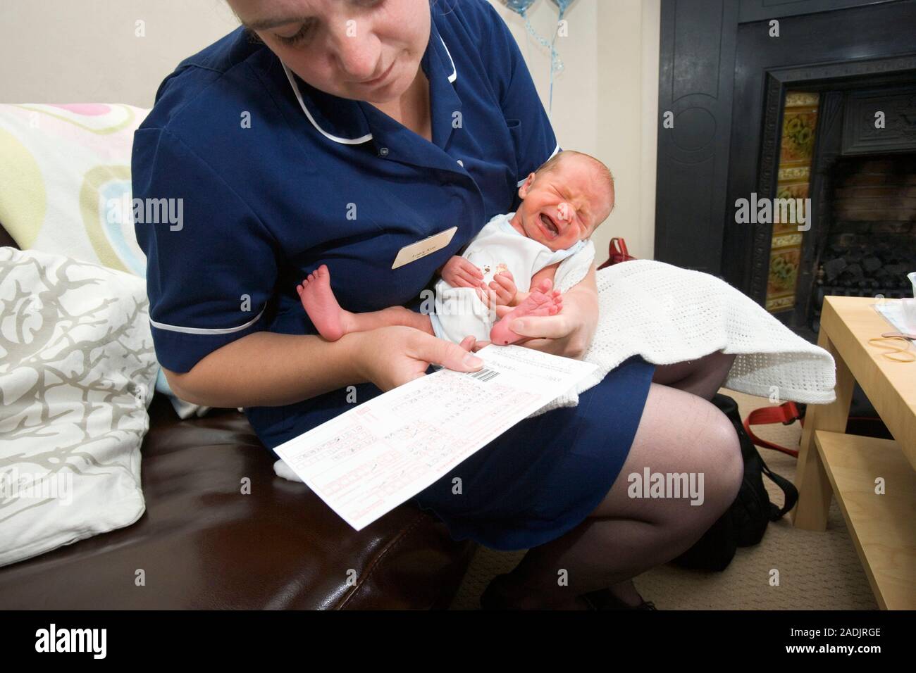 MODEL RELEASED. Neonatal blood screening. Midwife on a home visit ...