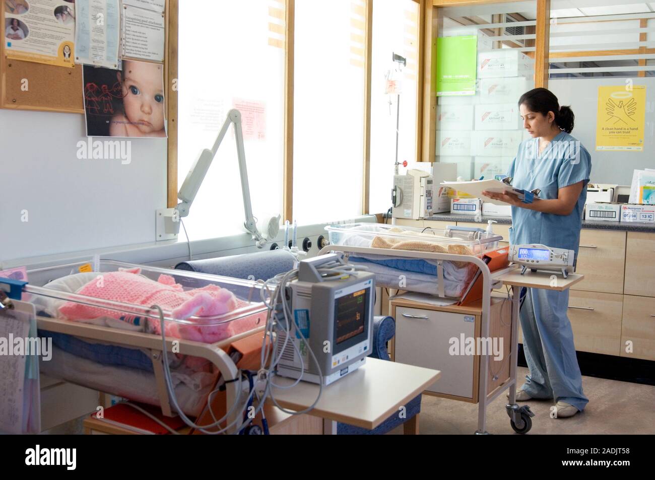 MODEL RELEASED. Premature baby ward. Nurse in a Special Care Baby Unit ...
