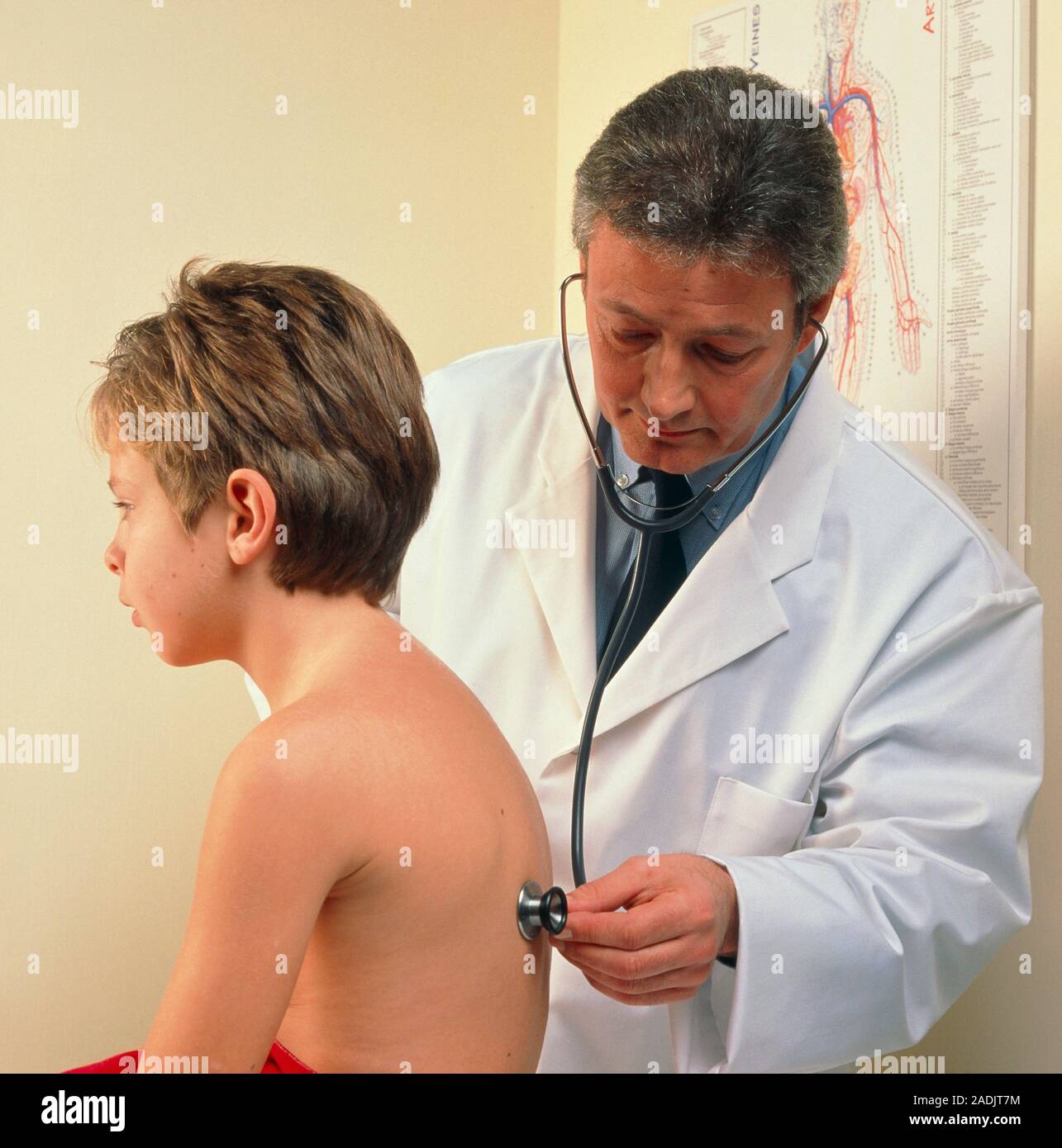 Chest examination. Paediatric doctor holds a stethoscope to the back of ...