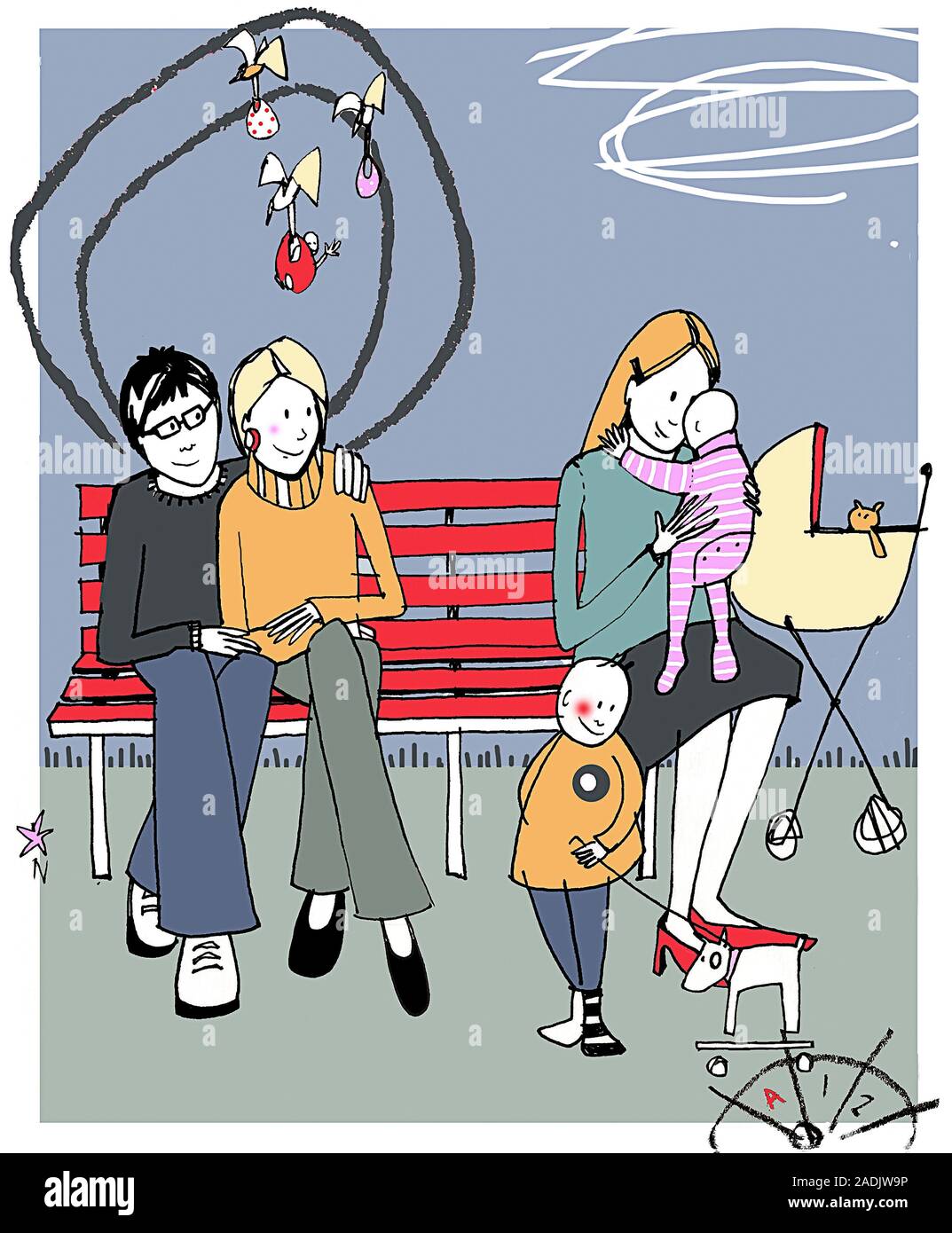 Planning a family. Artwork of a childless couple (left) watching a ...