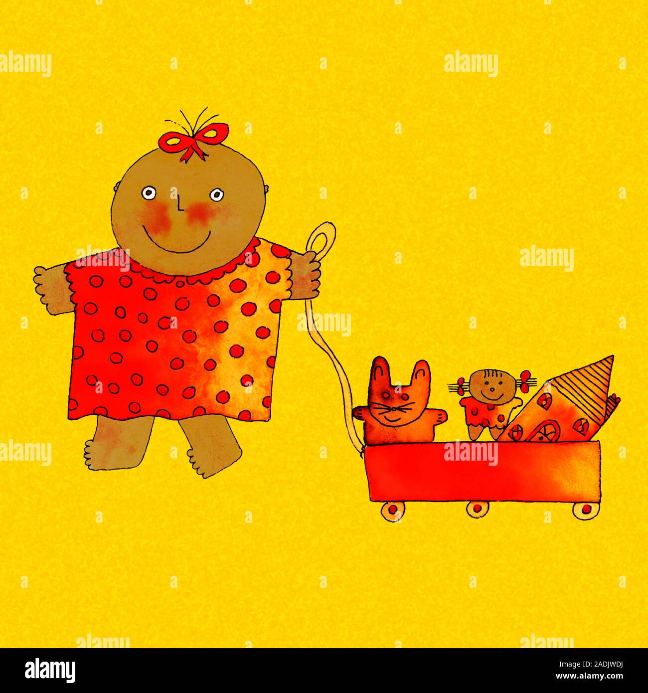 Baby. Artwork of a baby pulling a cart full of toys Stock Photo - Alamy