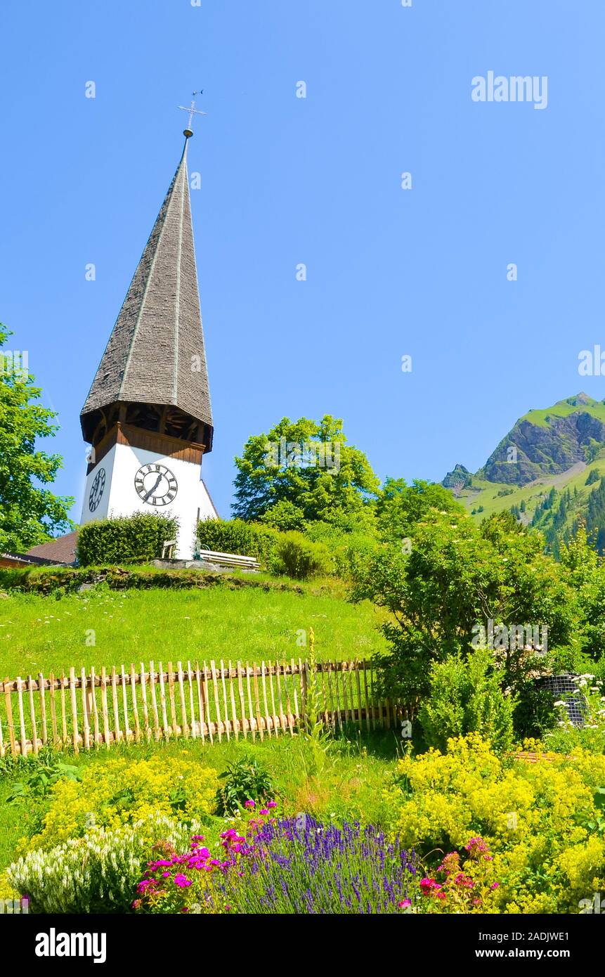 Beautiful Protestant church in Alpine village Wengen, Switzerland ...
