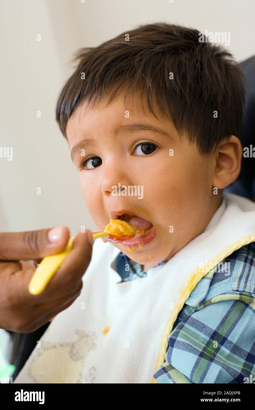 MODEL RELEASED. Spoon-feeding. Young boy being spoon-fed Stock Photo ...