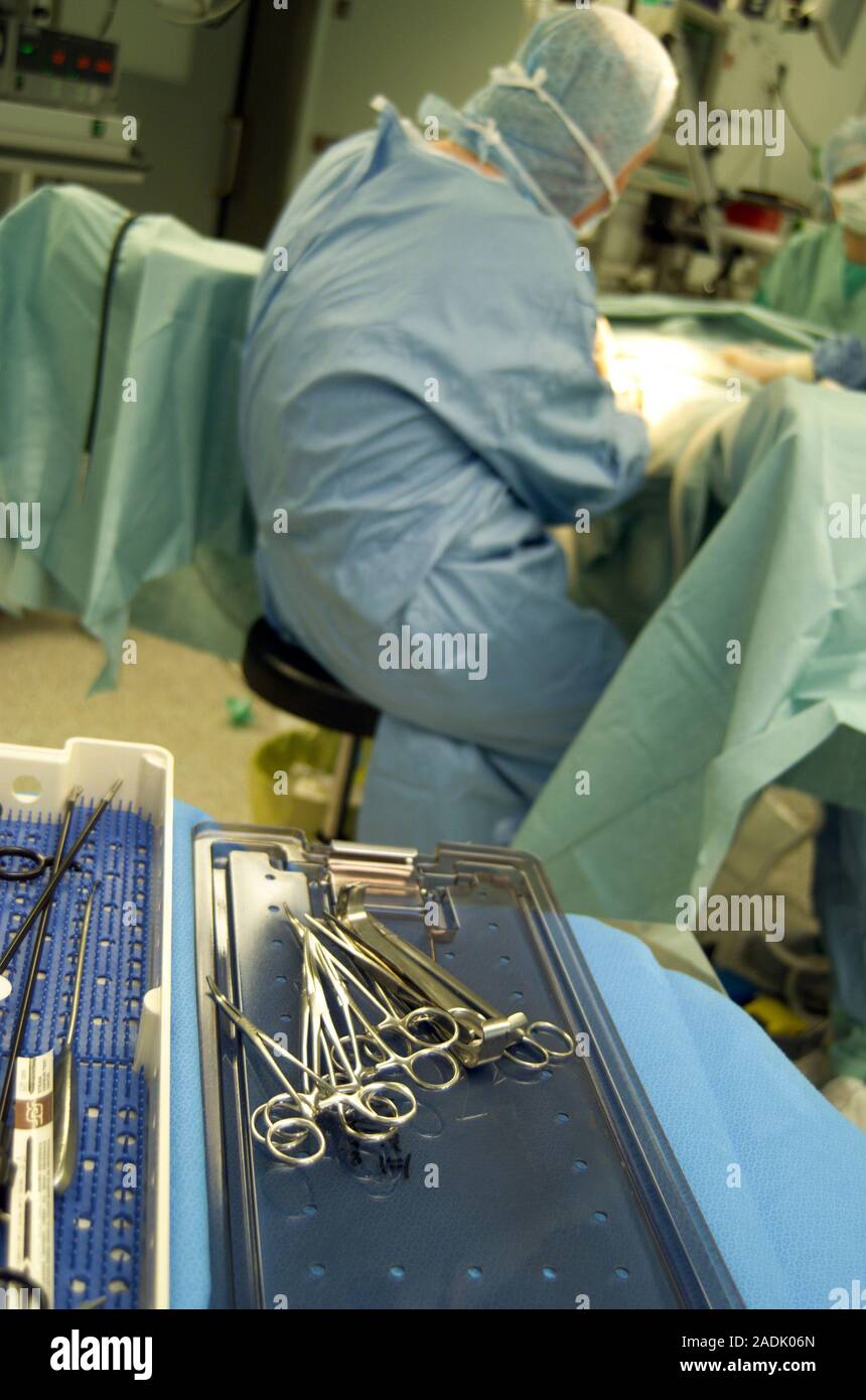 Ovarian cyst removal. Surgeons during the removal of an ovarian cyst ...