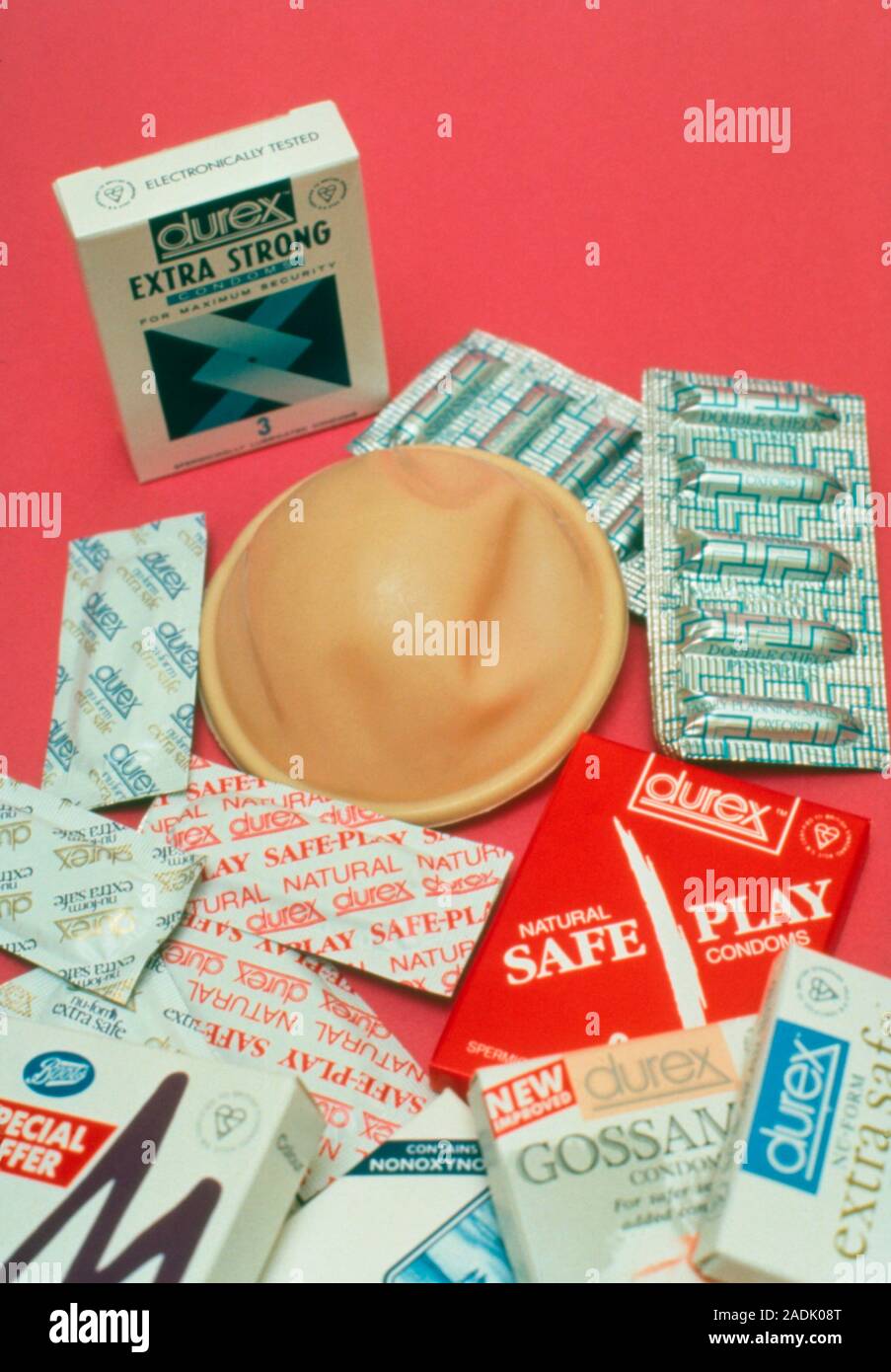 Array of contraceptives, including a diaphragm, spermicidal pessaries ...