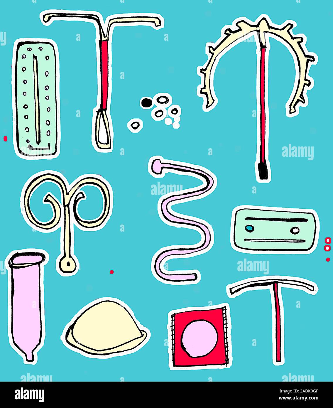 Contraception. Artwork of assorted contraception methods. An unrolled ...