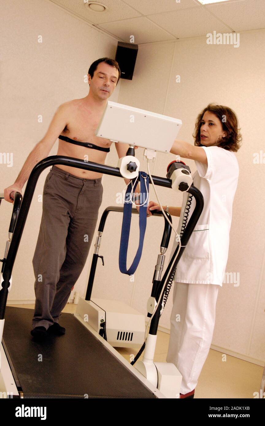 MODEL RELEASED. Fitness test. Man on a treadmill taking an aerobic ...