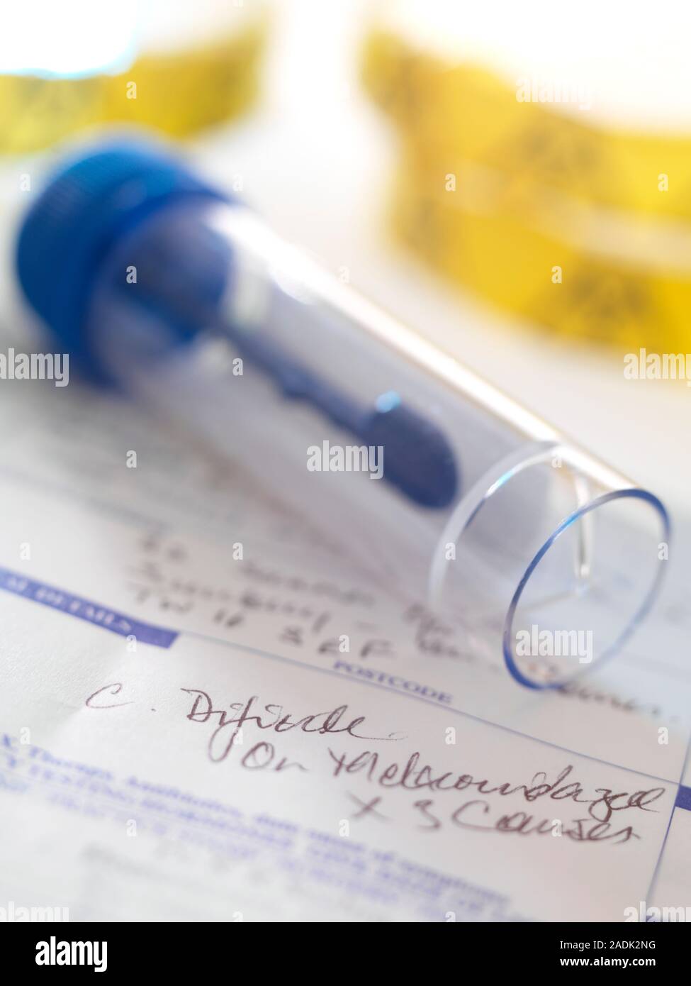 Clostridium difficile test, hospital request form and sample pot for ...