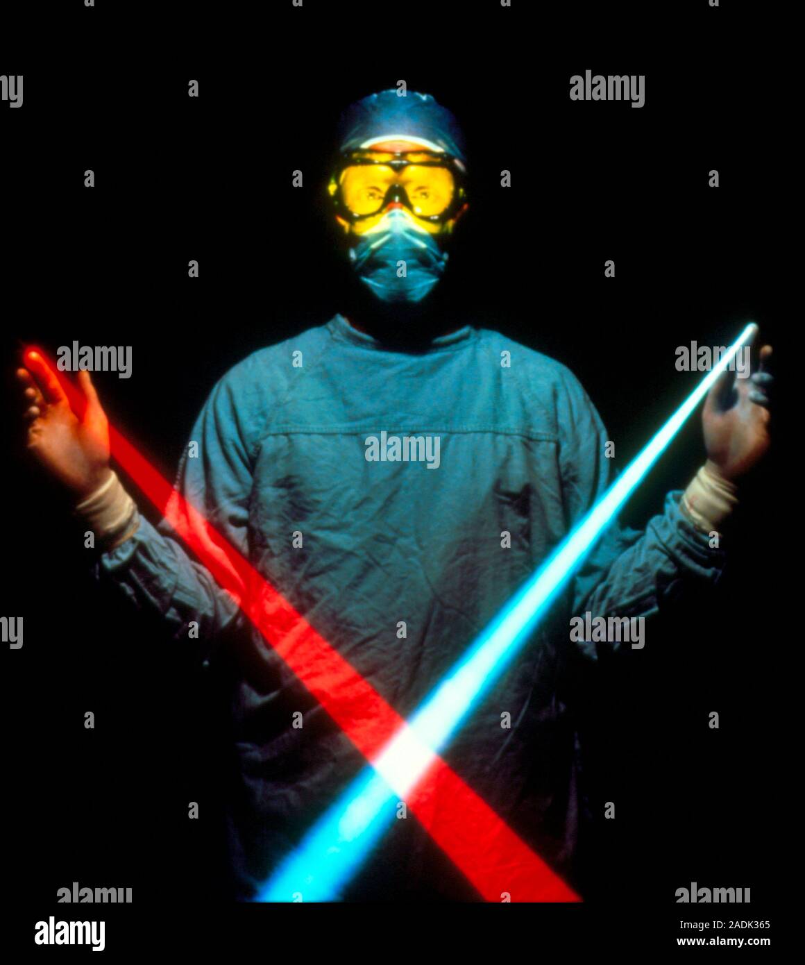 Portrait of a laser surgeon", his outstretched fingers emanating blue ...