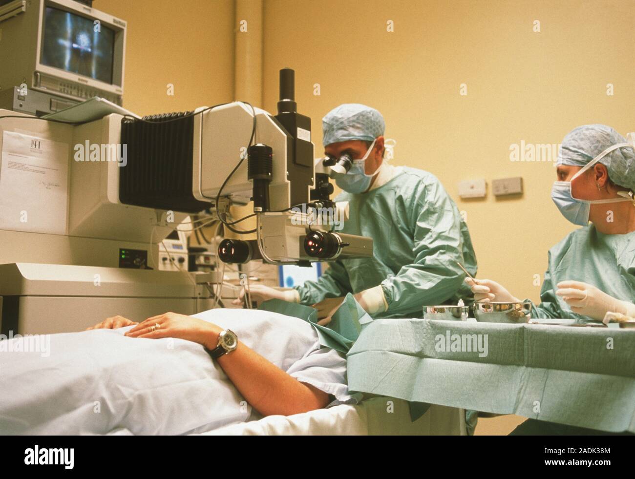 Laser surgery for myopia (short- sightedness). A laser beam is being ...