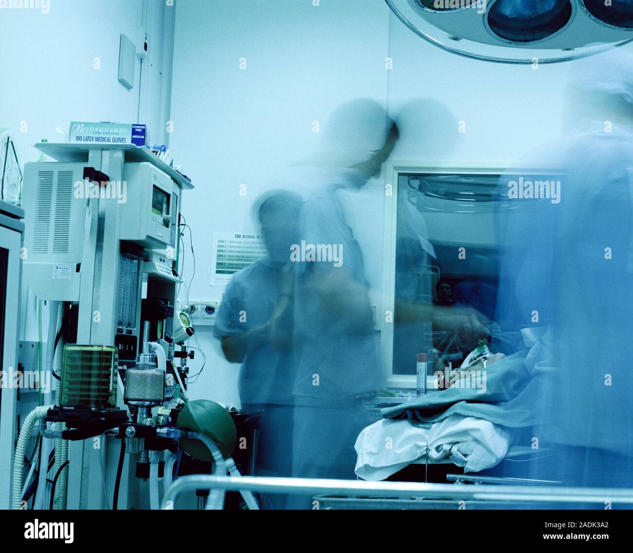 Medical training dummy being treated in a mock operating theatre. This ...