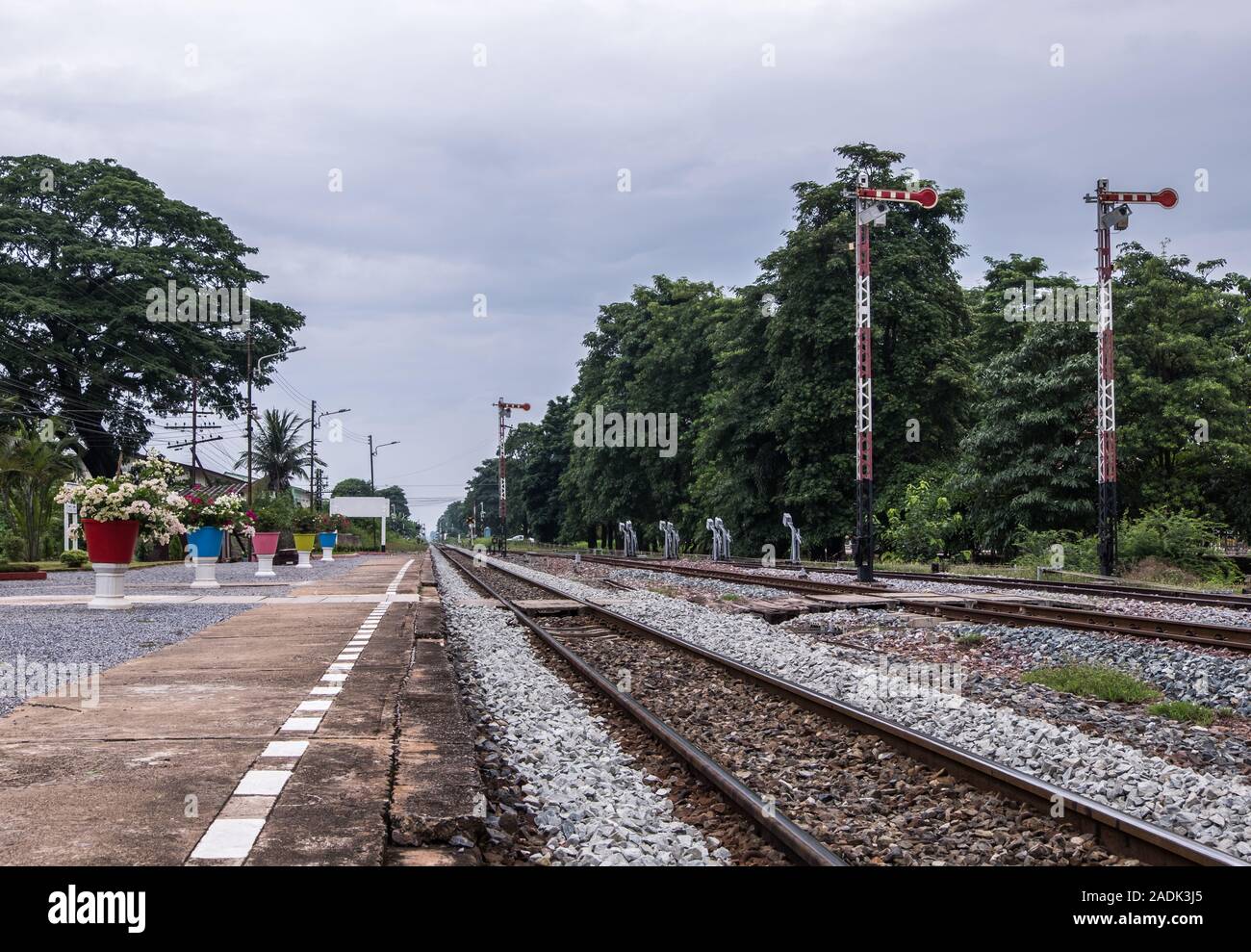 Platform of the rural station with the traffic signal pole in the ...