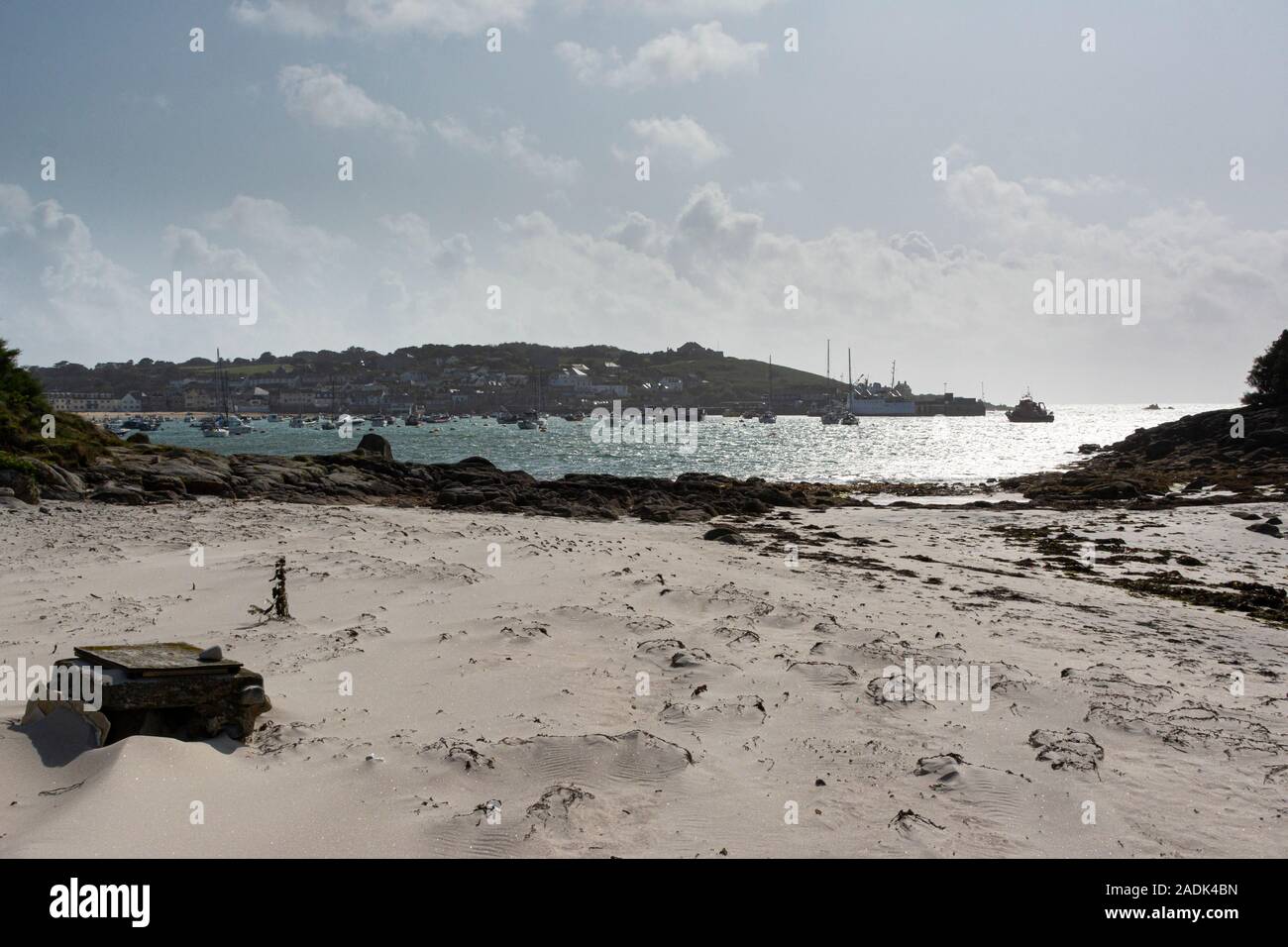 St Mary's Harbour with the Scillonian docked at St Mary's Quay seen ...