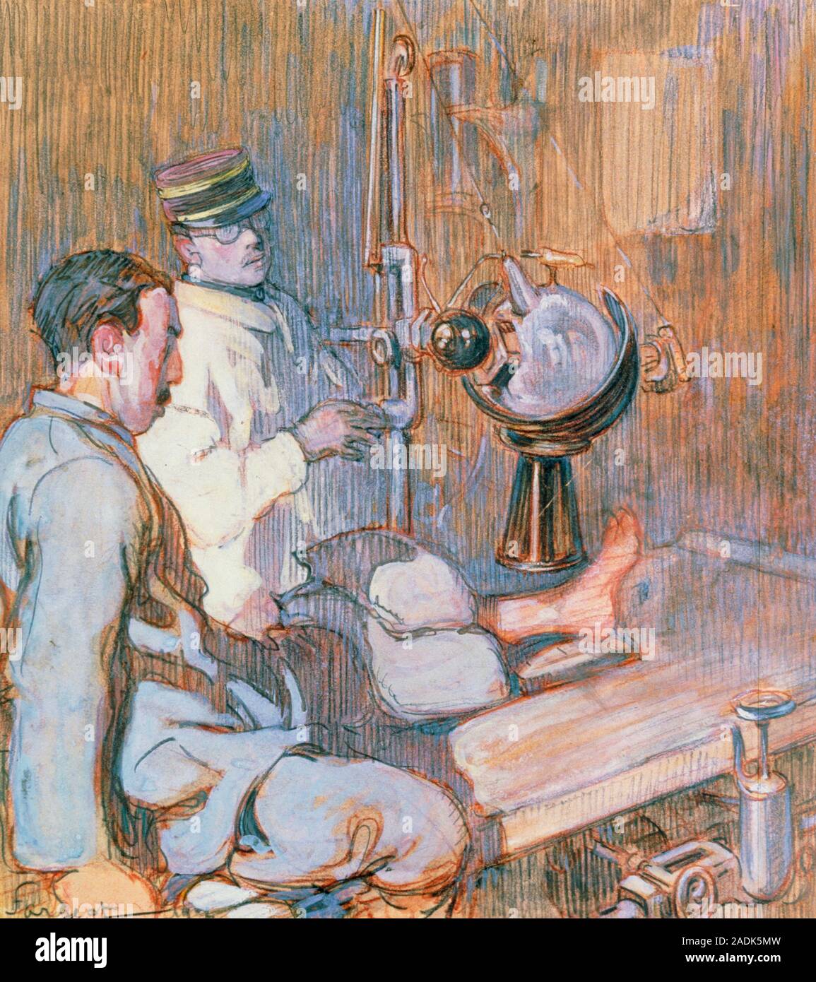 Historical X-ray diagnosis. Early 20th century watercolour by French ...