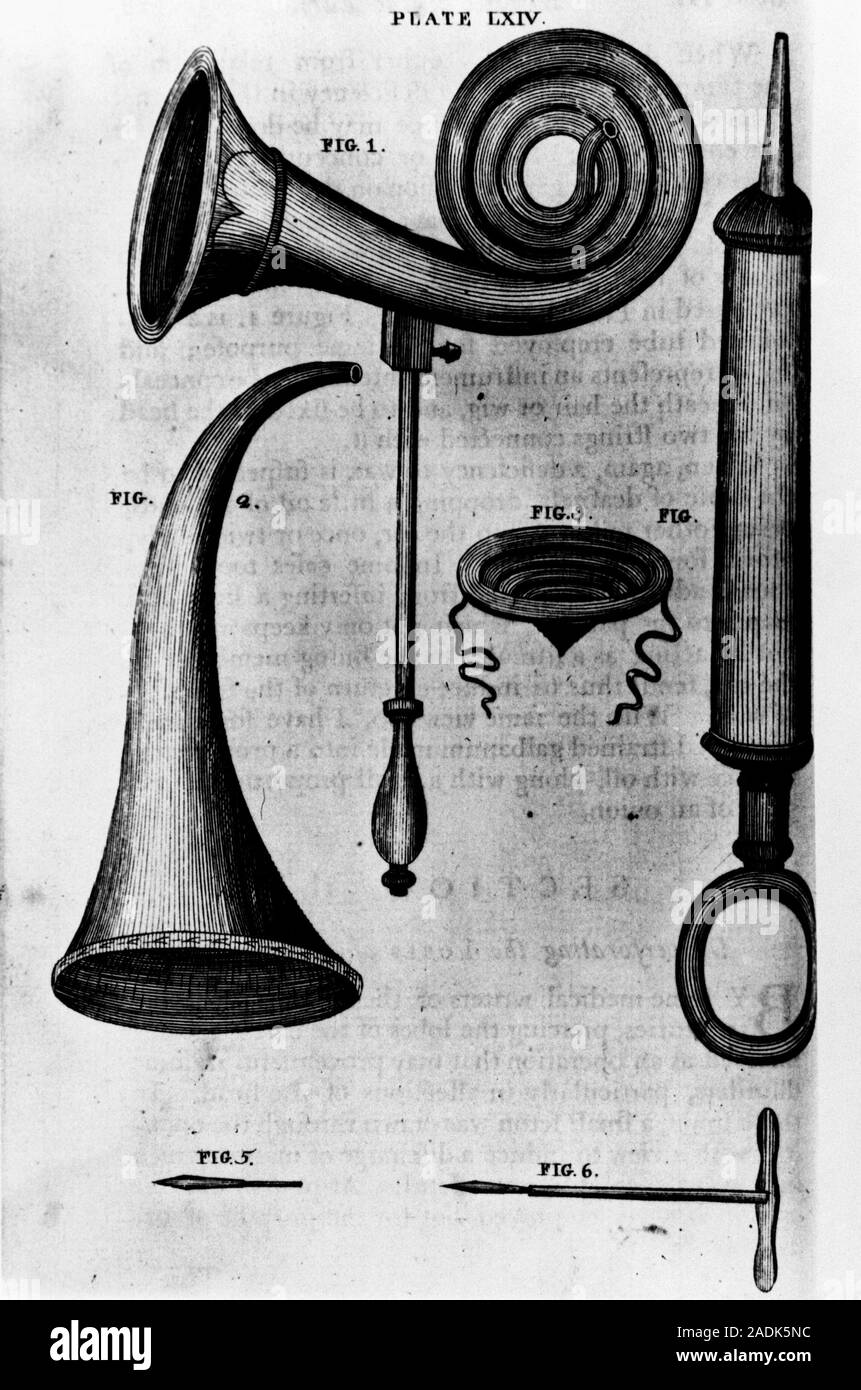 Ear trumpets. Engraving from the 1790s of ear trumpets and a syringe ...