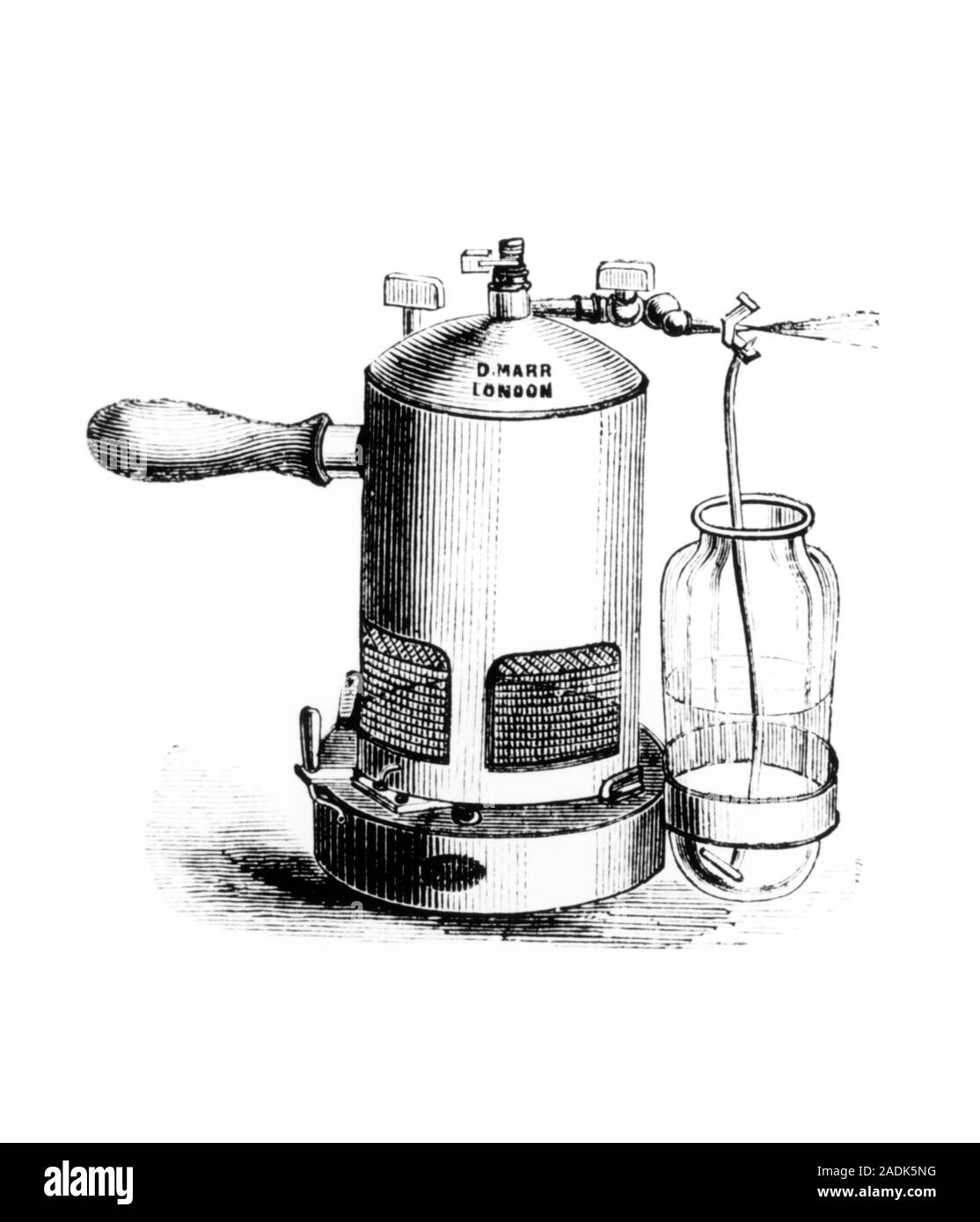 Antiseptic sprayer. 19th century engraving of a device for spraying ...