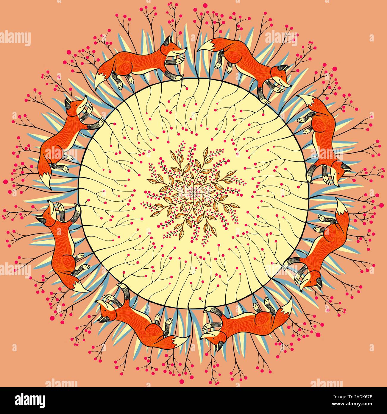 A symetric graphic with happy, running foxes, rowan berries, grass, big ...