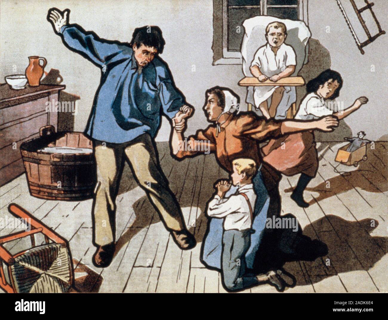 Alcoholism. Historical anti-alcohol artwork showing a family destroyed ...