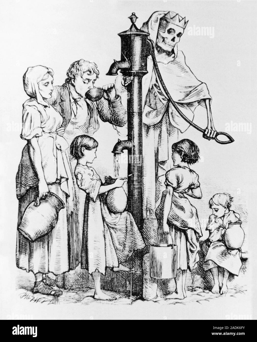 Cholera-infected pump. Historical artwork showing Death supplying water ...