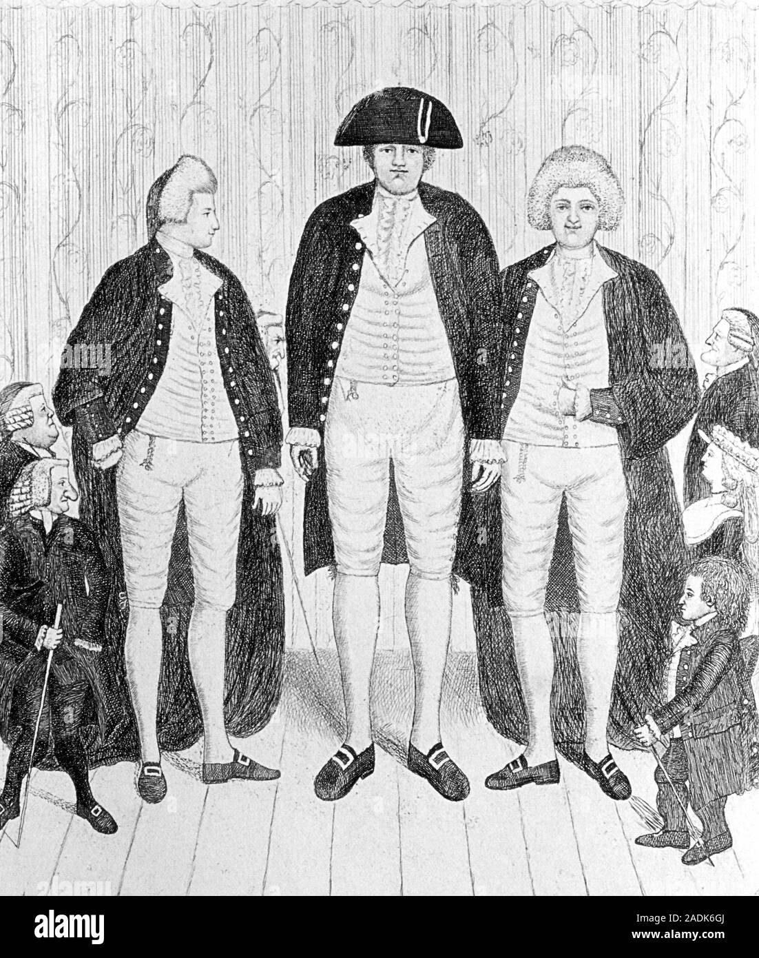 Gigantism and dwarfism. Historical artwork of three Irish giants seen ...