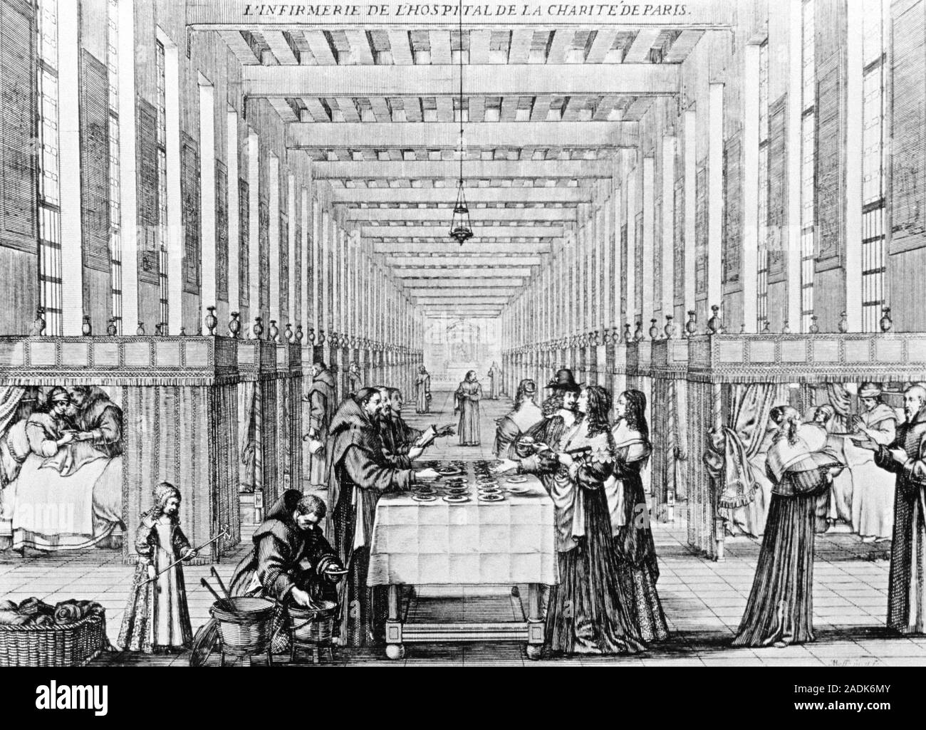 Monks and women tending the sick and serving meals at the Hopital de la ...