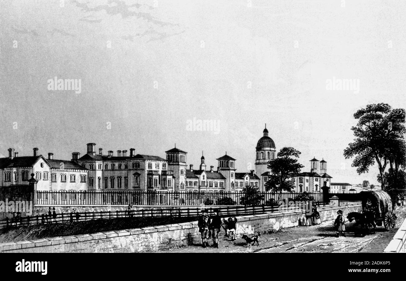 Mental asylum. Engraving of Colney Hatch Lunatic Asylum in London ...