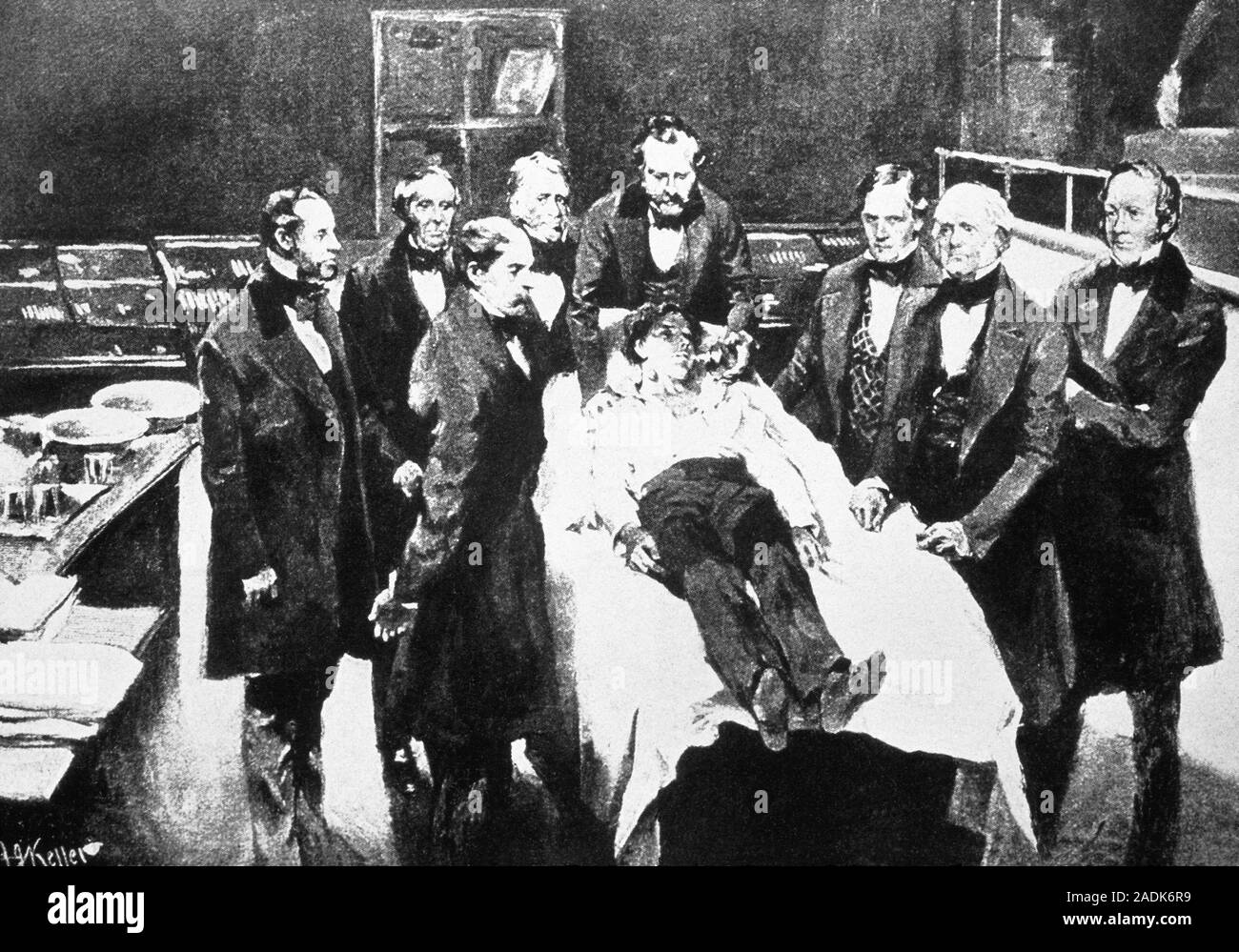 First use of surgical anaesthesia. Painting of the 1st public ...