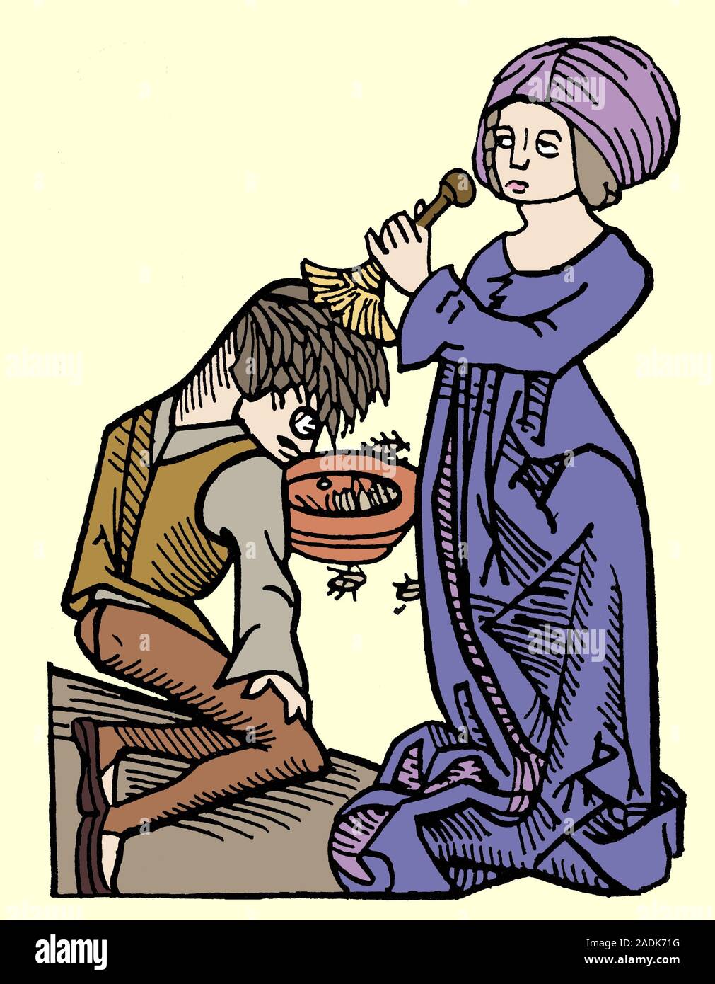Removing head lice. Historical artwork The Insect Menace in 1491 ...