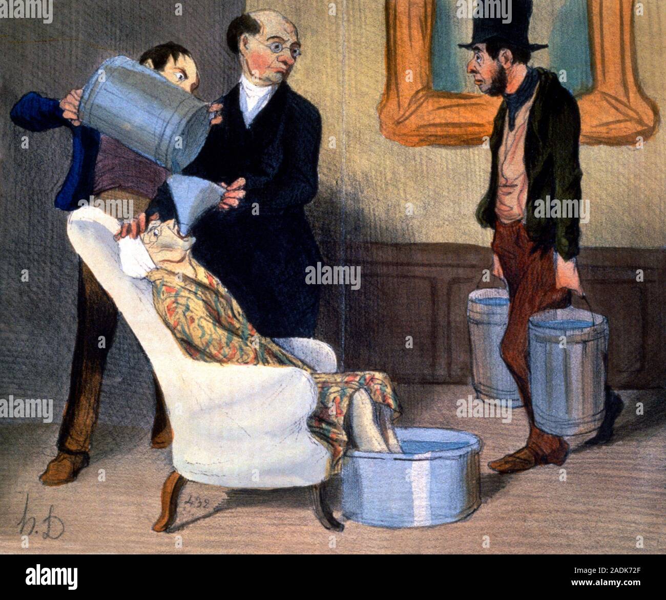 Hydrotherapy. Historical artwork of a doctor treating a patient with ...