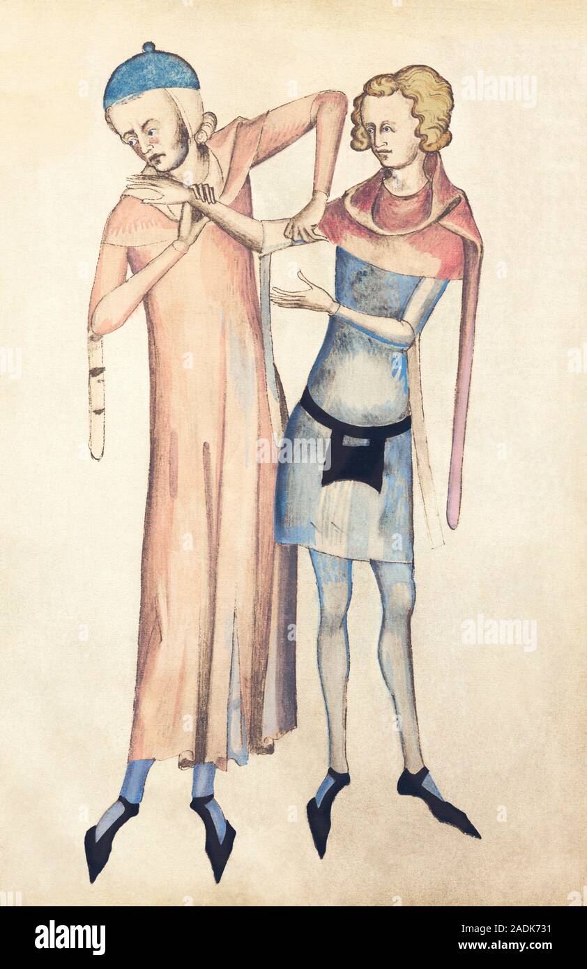 Pulse measurement. 14th century artwork of a doctor measuring a patient ...