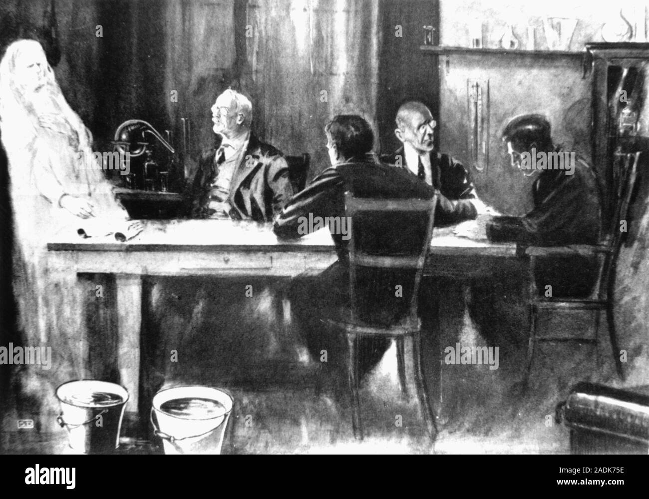 Spirit materialisation. Illustration of a spirit materialising at a ...